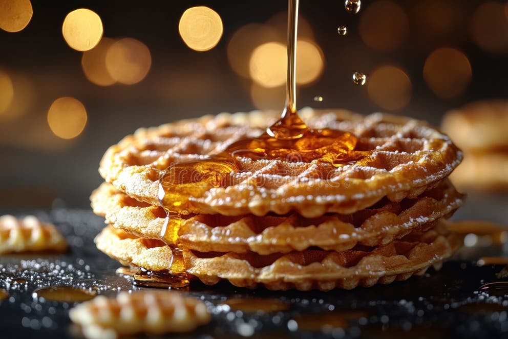 Floating American Waffles Drizzled with Maple Syrup Over a Dark ...