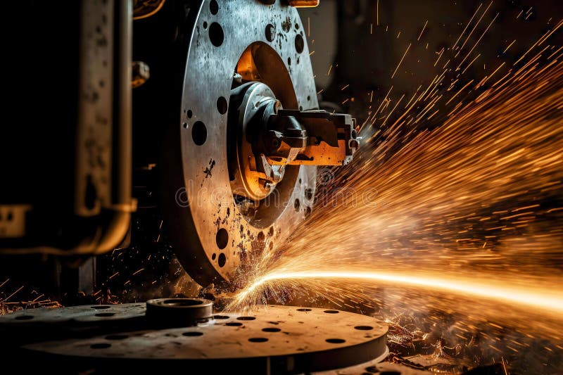 Round Laser Machine with Flying Sparks during Metal Processing Stock ...