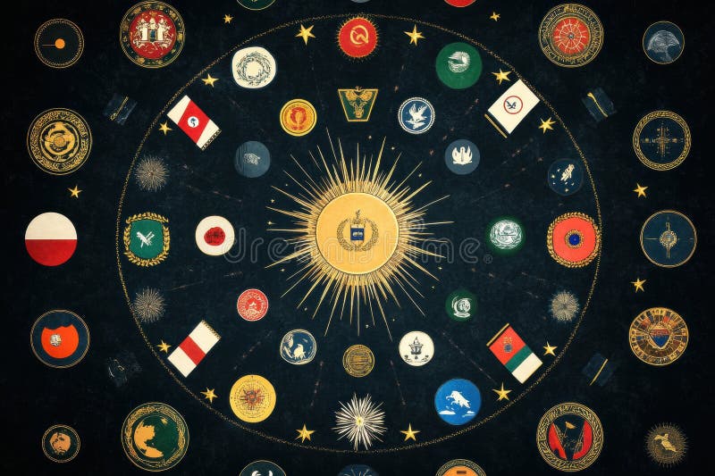 Round Layout of National Emblems and Flags Representing Unity and ...