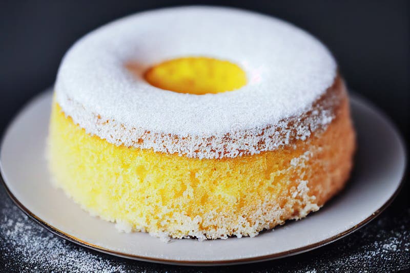 Round Lemon Cake with Powdered Sugar and Jam on Plate on Table Stock ...