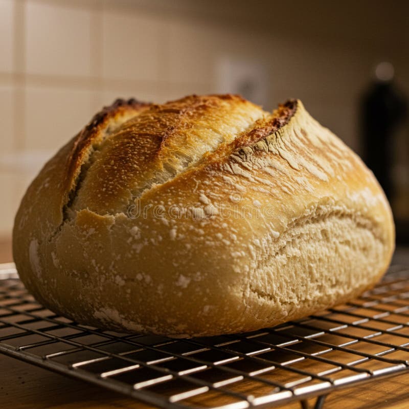 Round Loaf of Rustic Bread Cooling on a Wire Rack in a Kitchen Setting ...