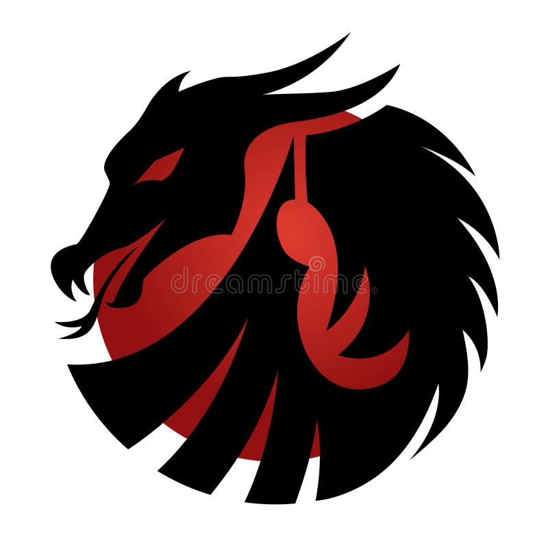 Round Logo with Dragon and Red Sun. Graphic Black and White ...
