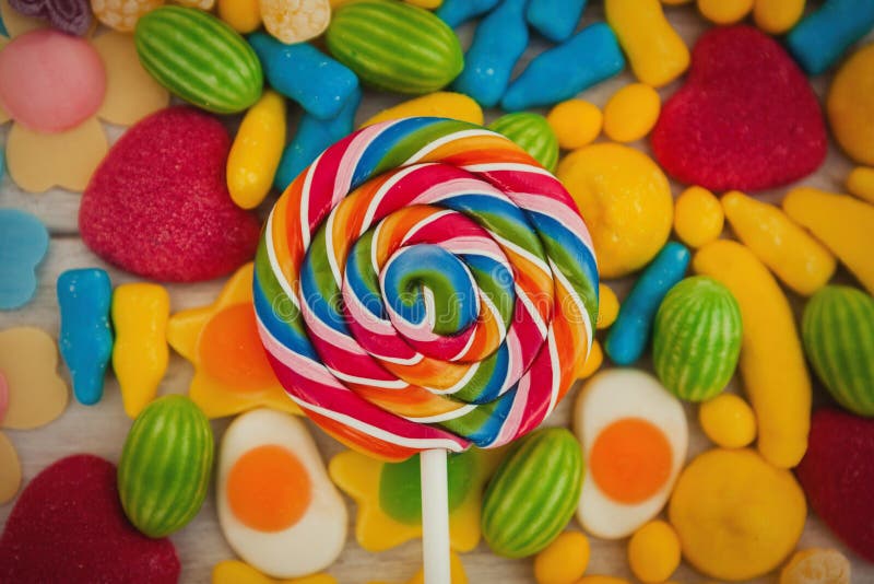 Round Lollipop and Many Candies Stock Photo - Image of assortment ...