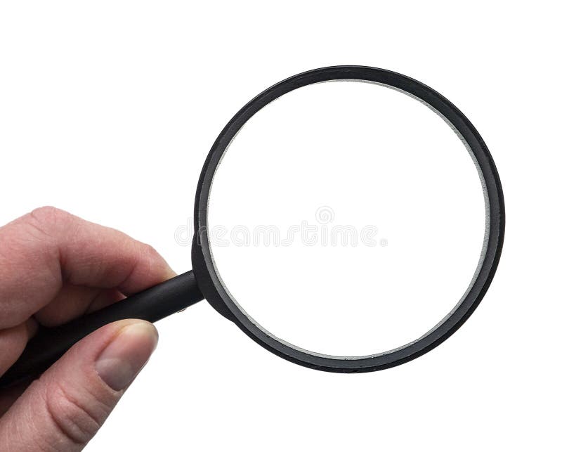 A Round Magnifying Glass in a Black Frame is Held by a Human Hand. Hand ...