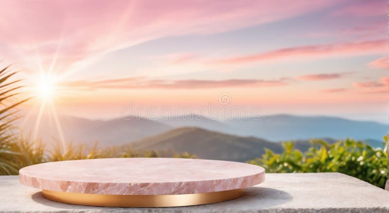 Round Marble Platform on Concrete Ledge Against Blurry Sunset ...
