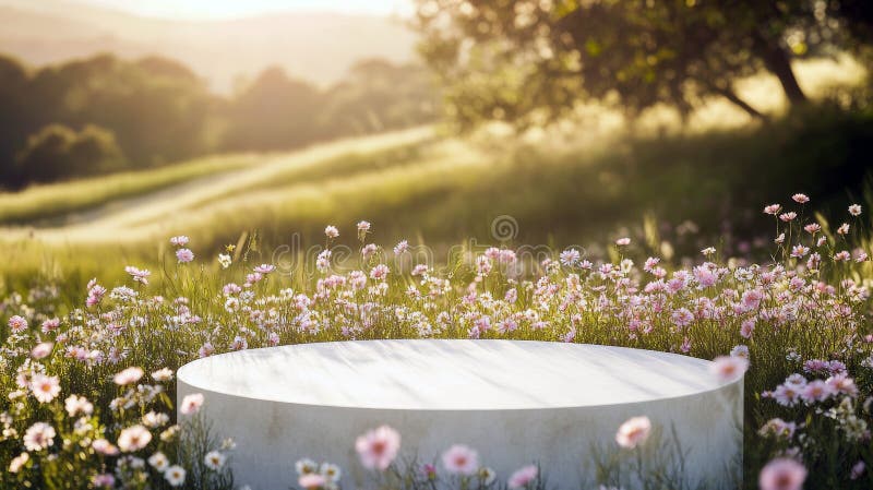 Round Marble Platform in Serene Flower Field at Sunrise Stock Image ...