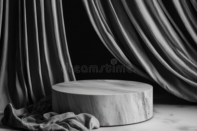 Round Marble Podium with Soft Draped Fabric in Dark Setting Stock Photo ...