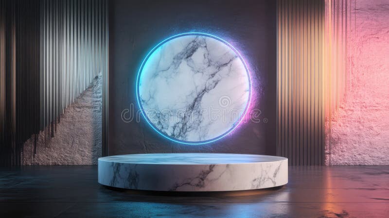 Round Marble Table Illuminated by Vibrant Neon Light in Modern Interior ...