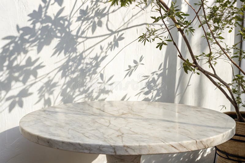 Round Marble Table Top with Tree Leaves Shadow on Wall Stock ...