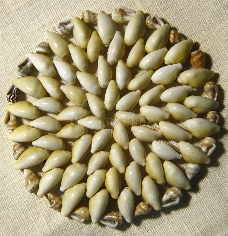 Round Mat Made of Shells on the Cloth from the Top Close Up Stock Photo ...