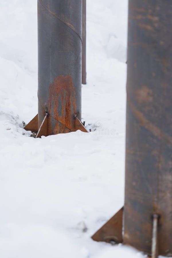 Round Metal Column Support on the Construction Site in Winter ...
