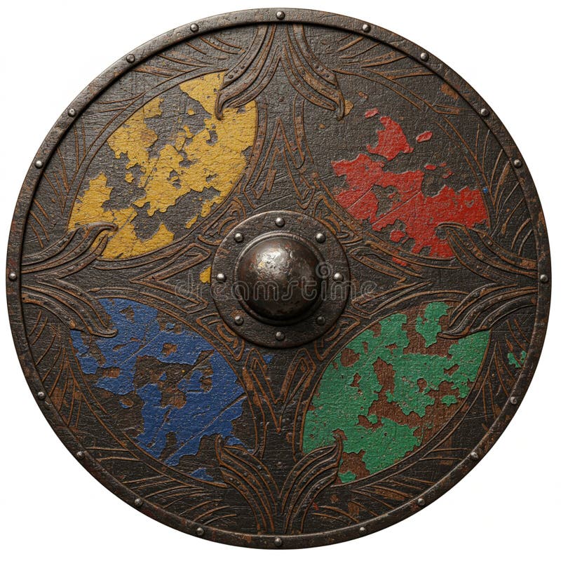 A Round, Metal Shield with Intricate Patterns Featuring a Central Boss ...