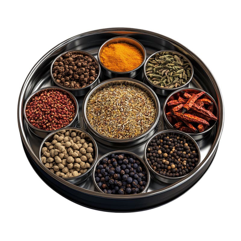 A Round Metal Spice Box Holds Various Spices Arranged in Small ...