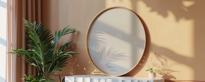 Round Mirror with Brass Frame Reflecting Sunlight in Modern Minimalist ...