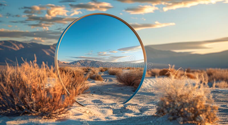 Round Mirror in the Desert Reflection of Nature Stock Photo - Image of ...
