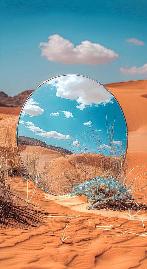 Round Mirror in the Desert Reflection of Nature Stock Image - Image of ...