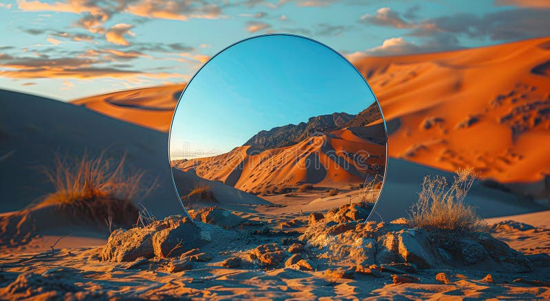 Round Mirror in the Desert Reflection of Nature Stock Image - Image of ...