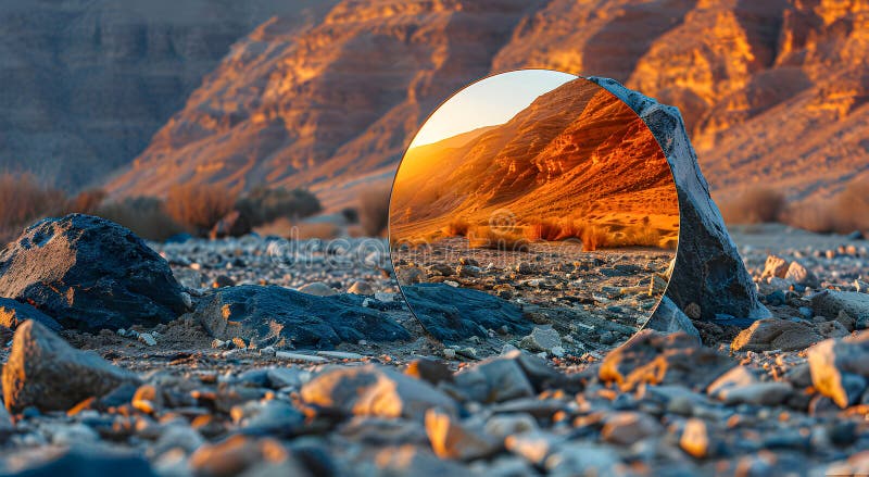 Round Mirror in the Desert Reflection of Nature Stock Image - Image of ...
