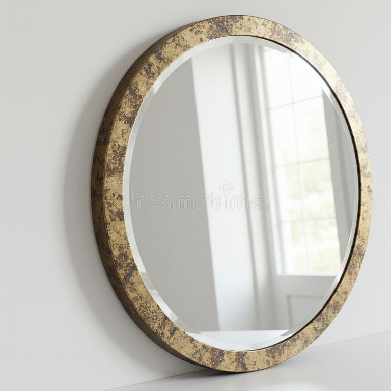 Round Mirror with a Distressed Gold Frame, Mounted on a White Wall. the ...