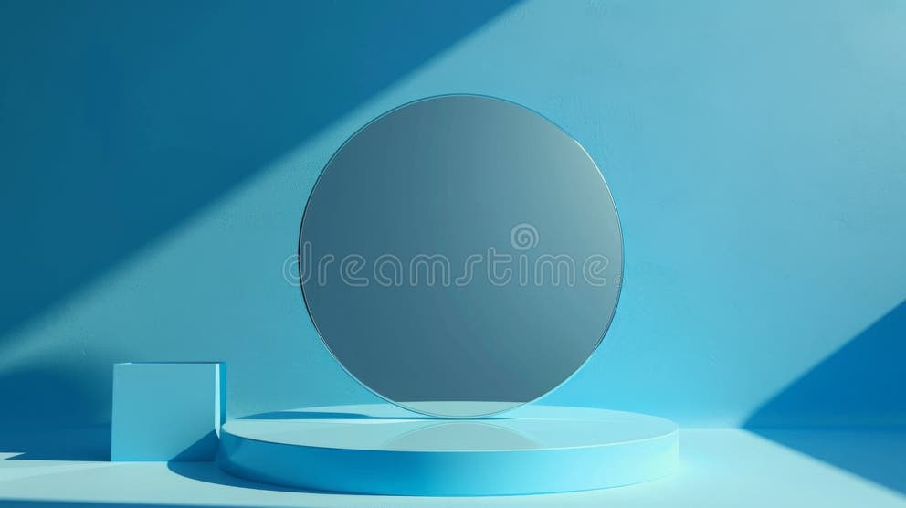 Modern Minimalist Blue Setup with Round Mirror on Circular Stand in ...