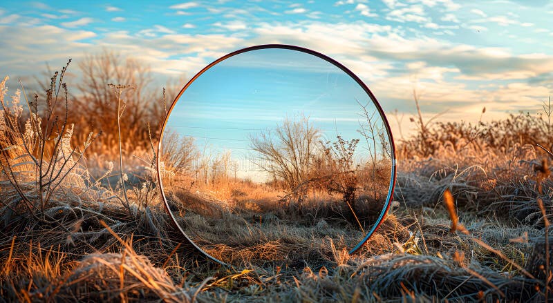 Round Mirror in a Field with Grass Reflection of Nature Stock Photo ...