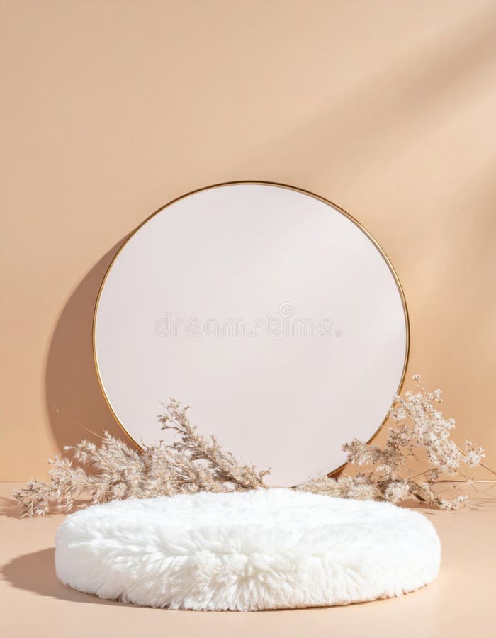 Round Mirror and Fluffy Display Stand on Beige Background Stock ...