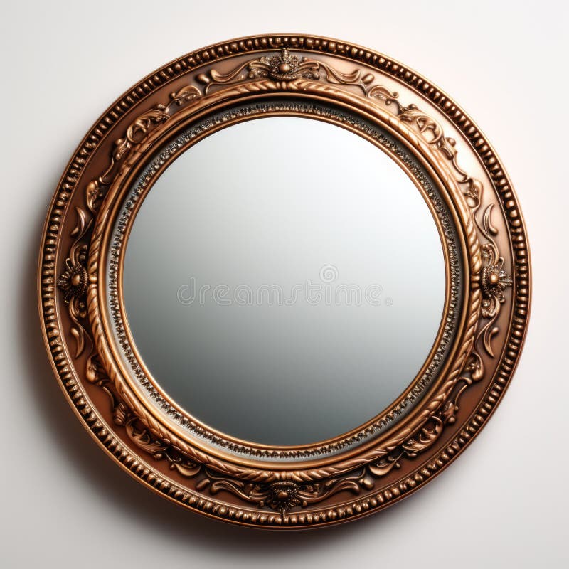 A Round Mirror with a Gold Frame on a White Wall Stock Illustration ...