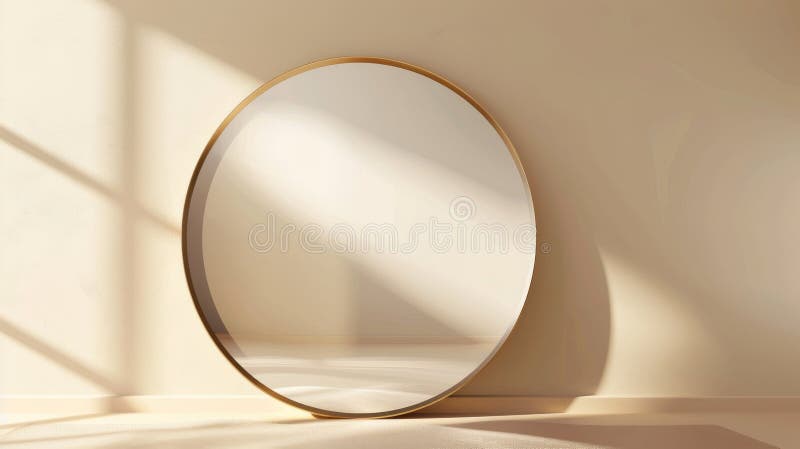 Round Mirror with Golden Frame Reflecting Sunlight on Beige Wall ...