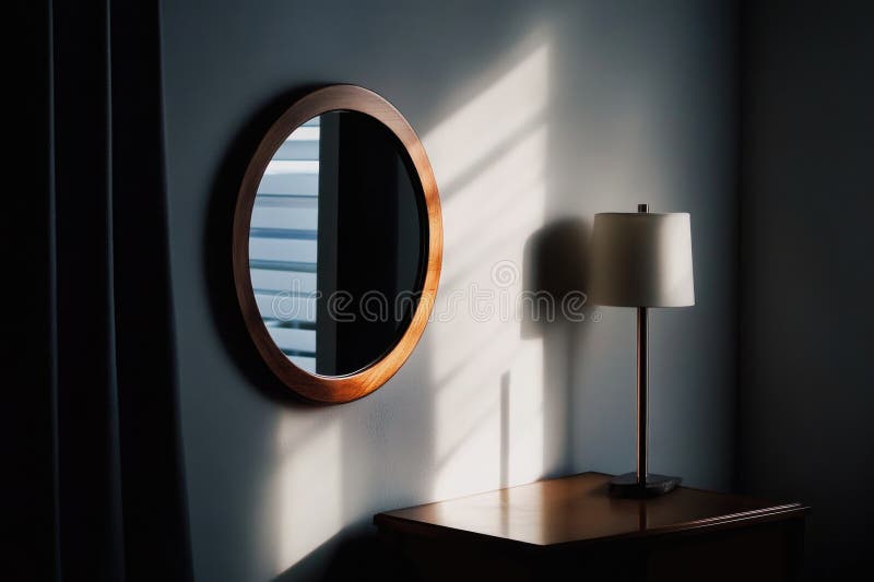 Round Mirror and Lamp on Wooden Cabinet with Sunlight Reflection in ...