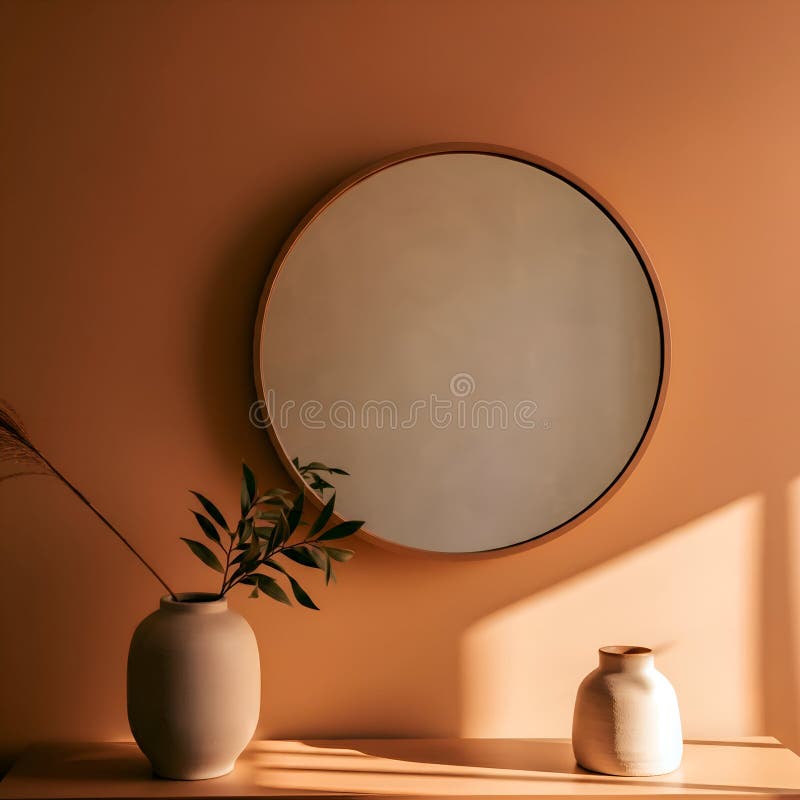AI Generated: Round Mirror with Light Brown Frame on Peach-Colored Wall ...