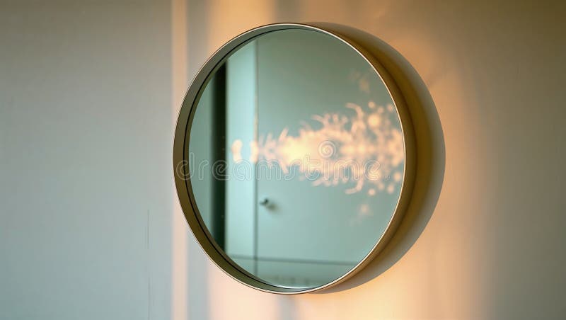 Round Mirror Reflecting Sunlight and Interior on White Wall Stock ...