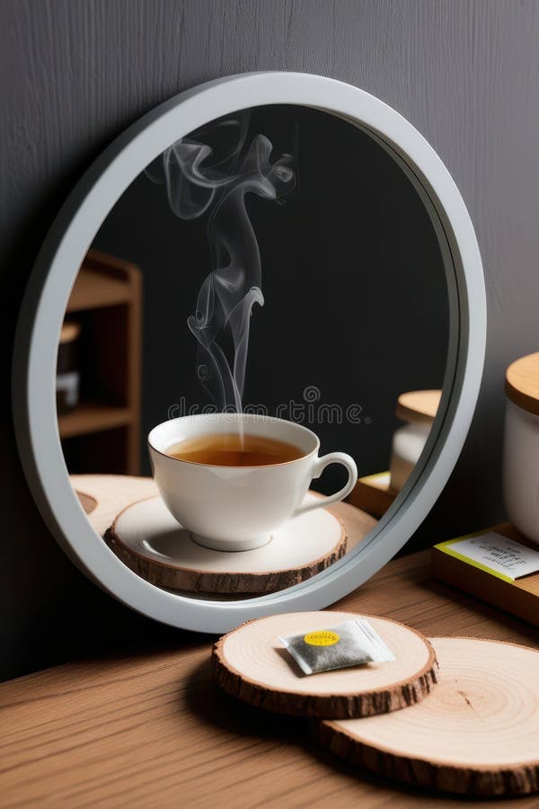 Round Mirror on Table Reflecting Tea Cup with Steam and Sugar Cubes ...
