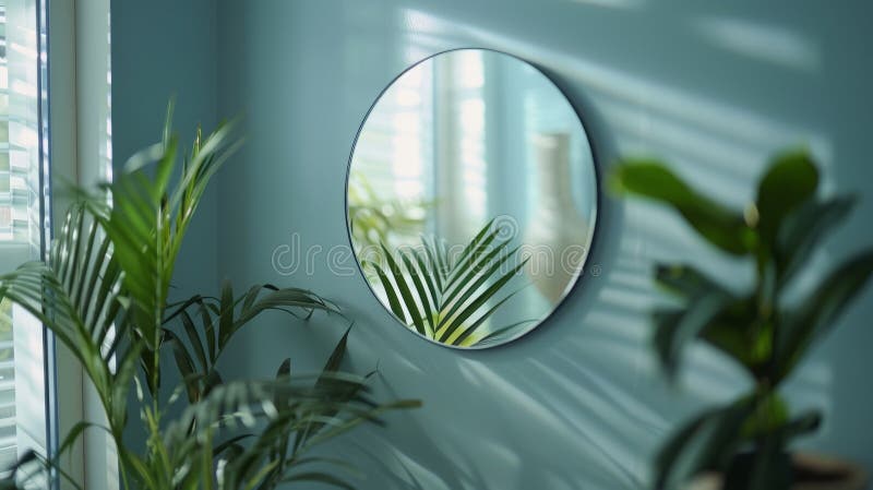 Round Mirror on a Wall with Plant Reflections. Stock Image - Image of ...