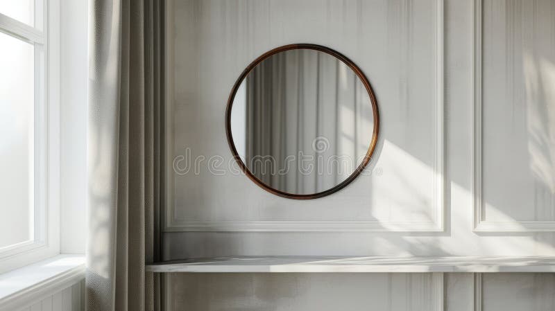 Round Mirror Reflecting Sunlight Interior White Wall Stock Photos ...