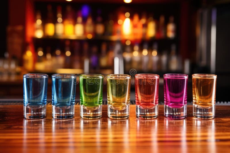 A Round of Multi-colored Shots Lined Up on a Bar Stock Image - Image of ...