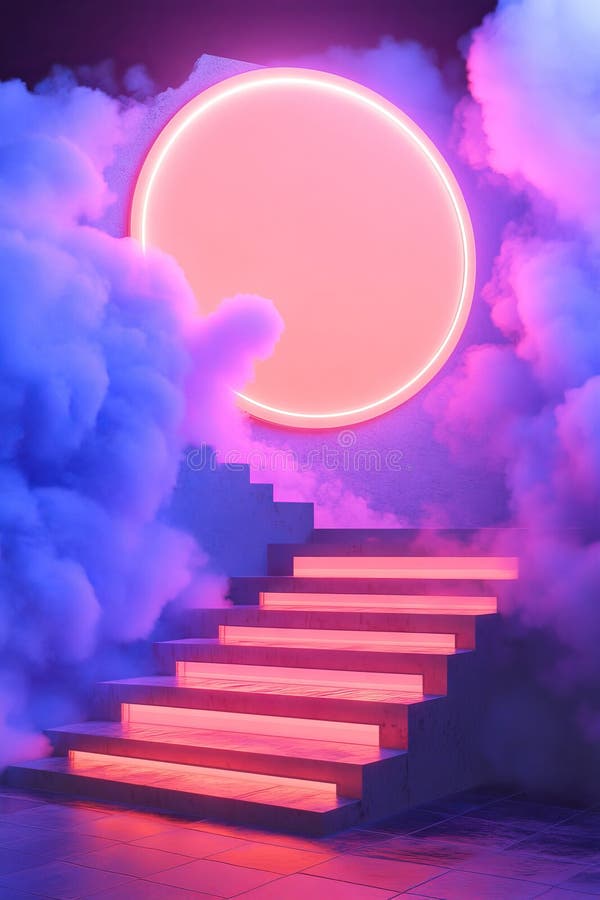 Round Neon Light Frame with a Blue and Pink Neon Light Circle. Fully ...