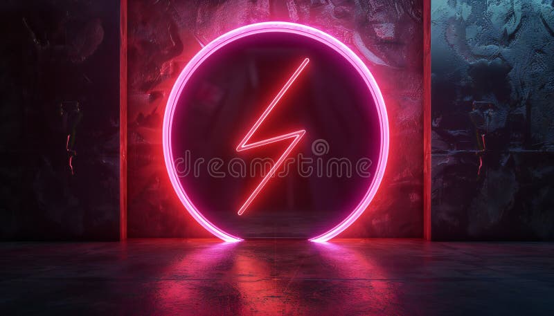 Round Neon Sign with Reflective Surface, with Lightning in a Circle ...