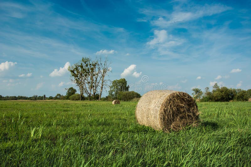 Round One Hay Bale on Green Meadow and Clouds in the Sky Stock Photo ...