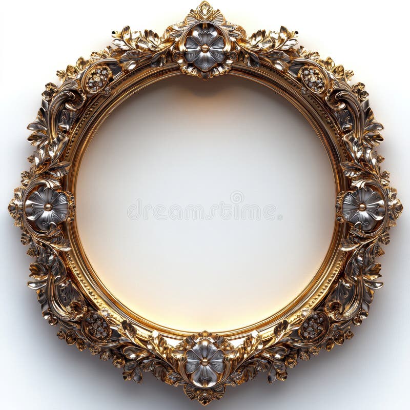 A Round, Ornate Mirror with a Golden, Intricately Designed Frame Has a Three-dimensional ...