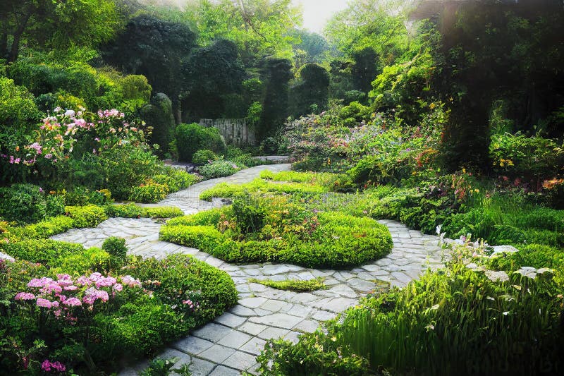 Round Path in Garden with Bright Flower Beds. Stock Illustration ...