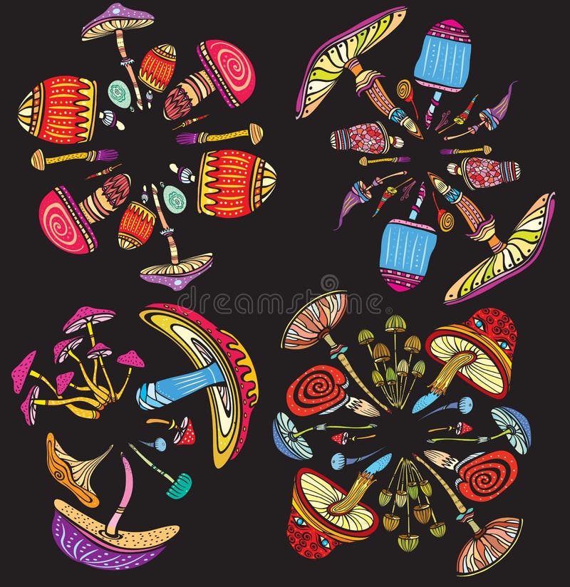 Round Patterns with Mushrooms Stock Vector - Illustration of ornament ...