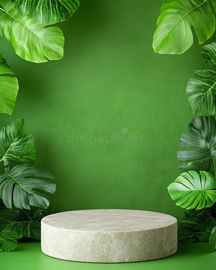 A Round Pedestal Surrounded by Vibrant Green Tropical Leaves on a Solid ...
