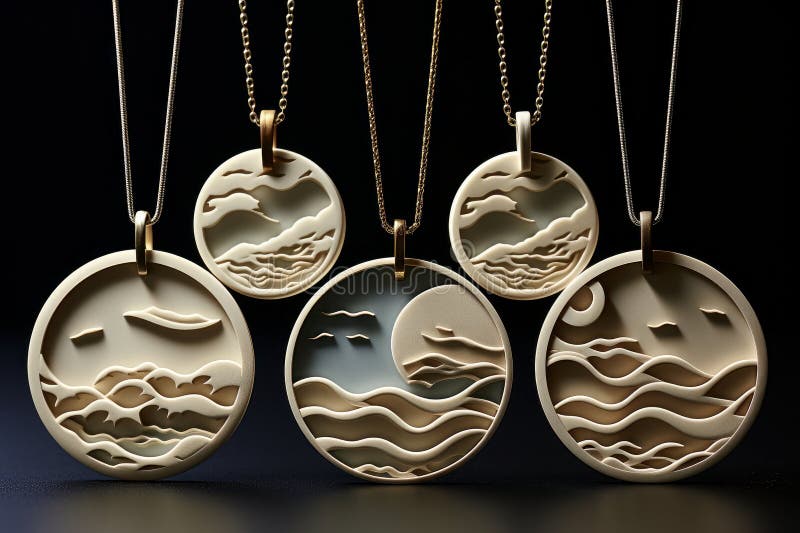 Round Pendants with Wave and Cloud Designs. Stock Illustration ...