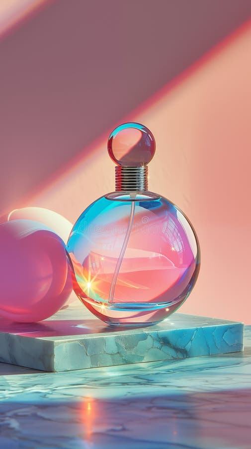 Round Perfume Bottle on Marble Platform with Peach Gradient Background ...