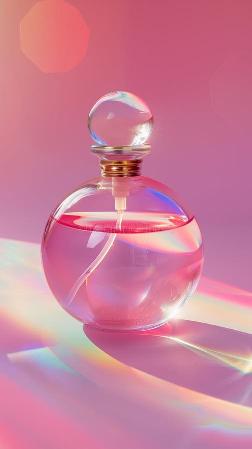 Round Perfume Bottle on Pink Surface with Abstract Light Reflections ...