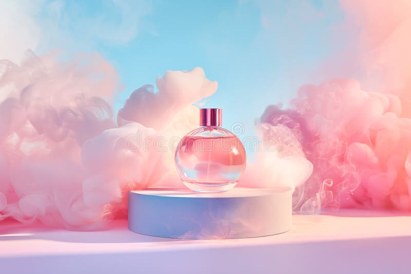 Round Perfume Bottle on Round Stand with Pink Cloud Effect Stock Photo ...