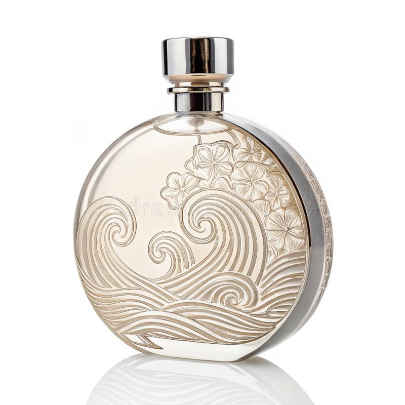 Round Perfume Bottle with Wave Design Isolated on White Background ...