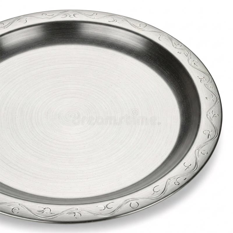 Round Pewter Plate with a Subtly Engraved Border Isolated on a White ...