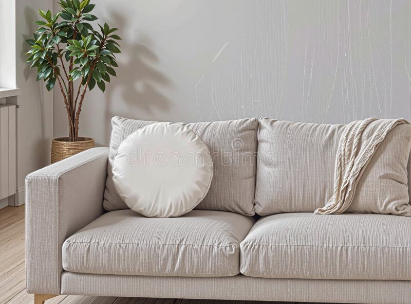 A Round Pillow Empty Design on a Minimalist Sofa, Offering a Smooth ...