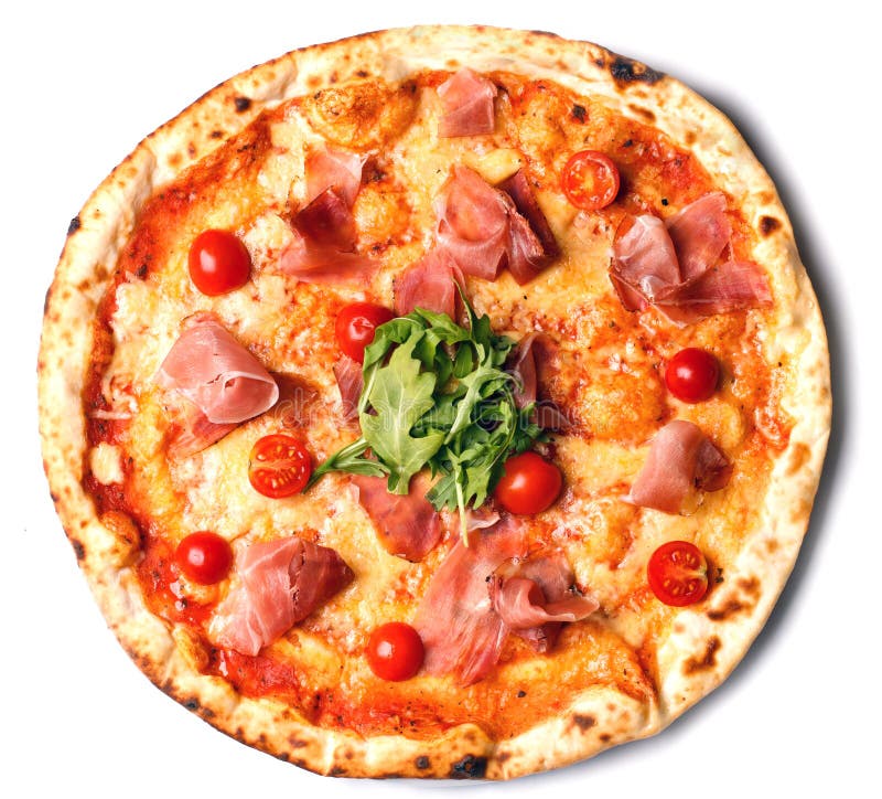 Round Pizza with Ham, Tomatoes and Greens Stock Photo - Image of ...